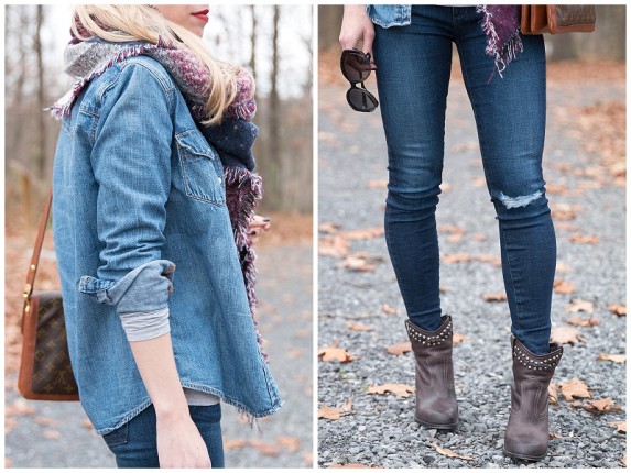 { Denim Woods: Western shirt, Blanket scarf & Studded booties ...