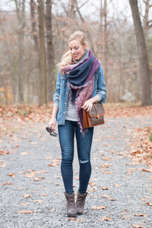 { Denim Woods: Western shirt, Blanket scarf & Studded booties ...