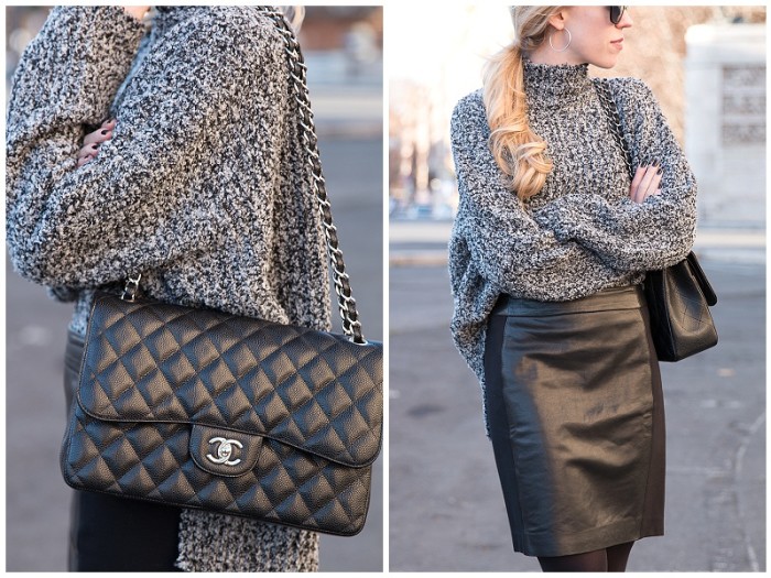 { Glam Texture Oversized Turtleneck Leather Skirt And Ankle Boots