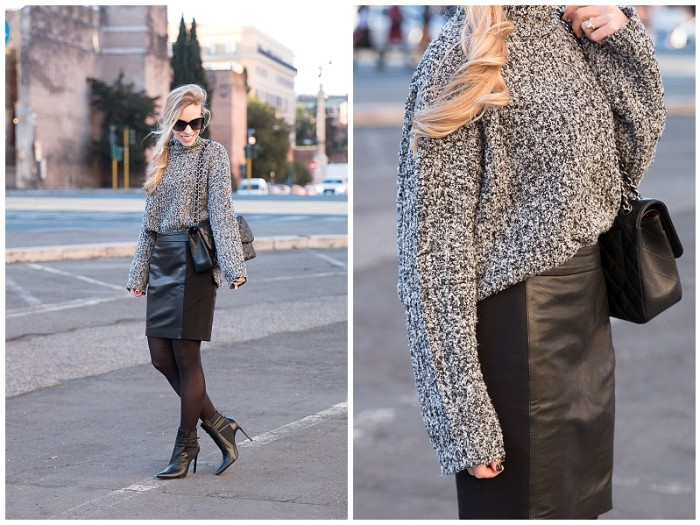 { Glam Texture Oversized Turtleneck Leather Skirt And Ankle Boots