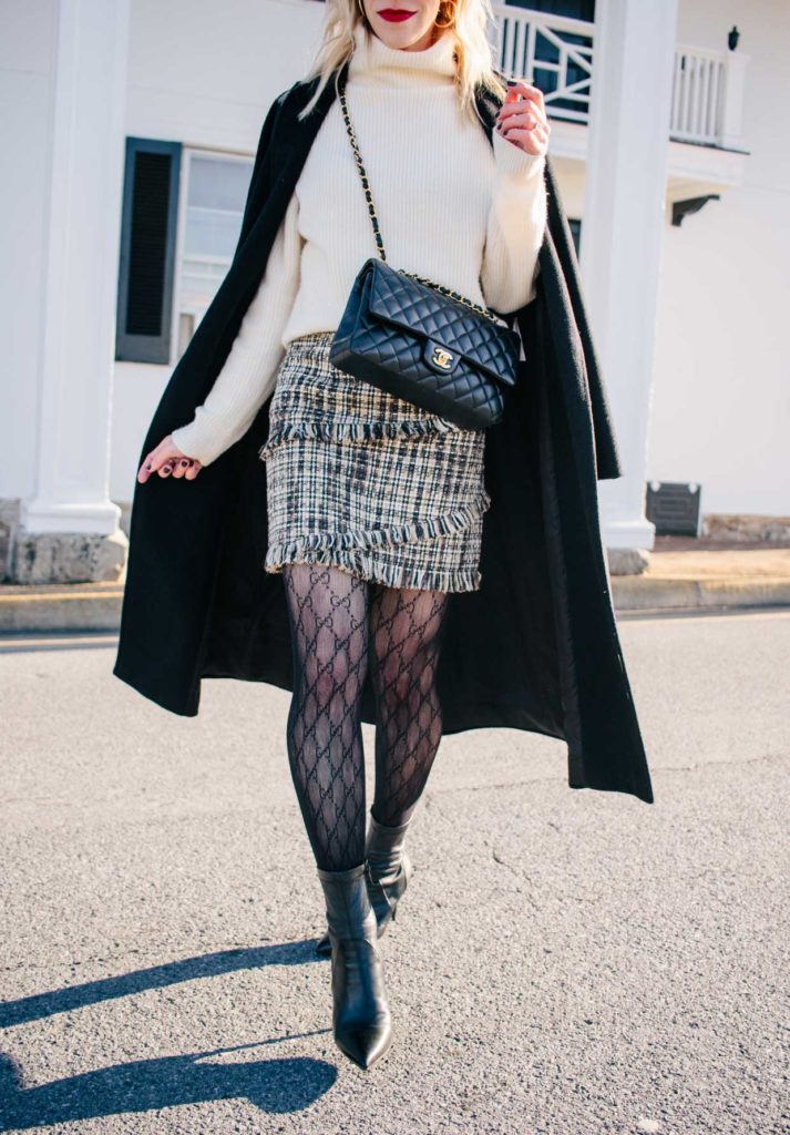 Winter Texture Mix: Cashmere Sweater, Tweed Skirt & Fishnet Tights ...